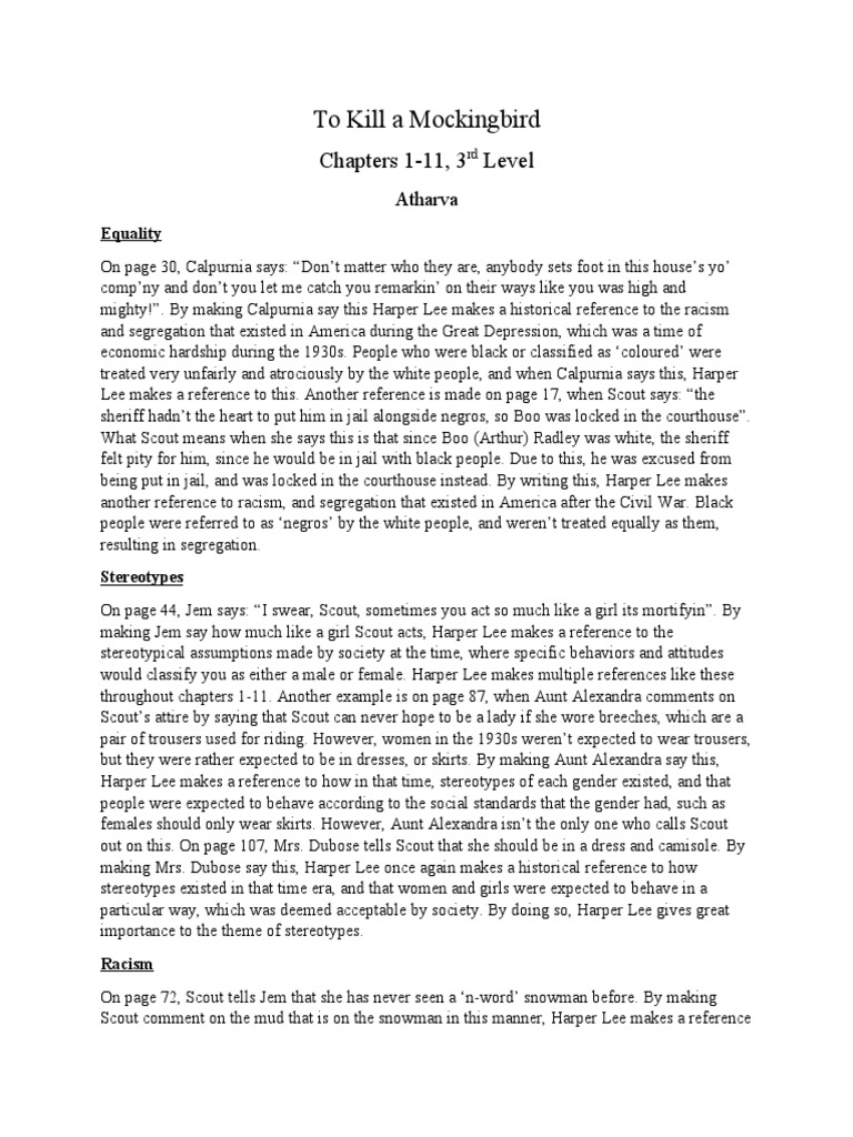 To Kill A Mockingbird Chapters 1-11 3rd Level | PDF | To Kill A ...