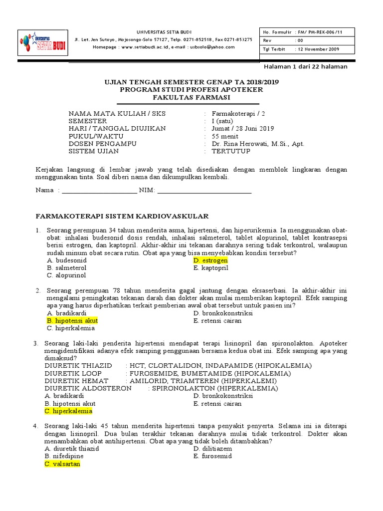 SOAL UTS Farmakoterapi Bu Rina 2019 Revisi | PDF