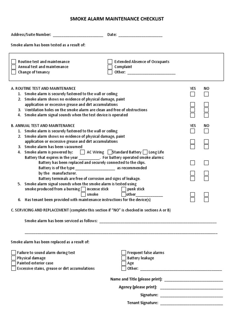 Smoke Alarm Maintenance Checklist | PDF | Smoke | Detector (Radio)