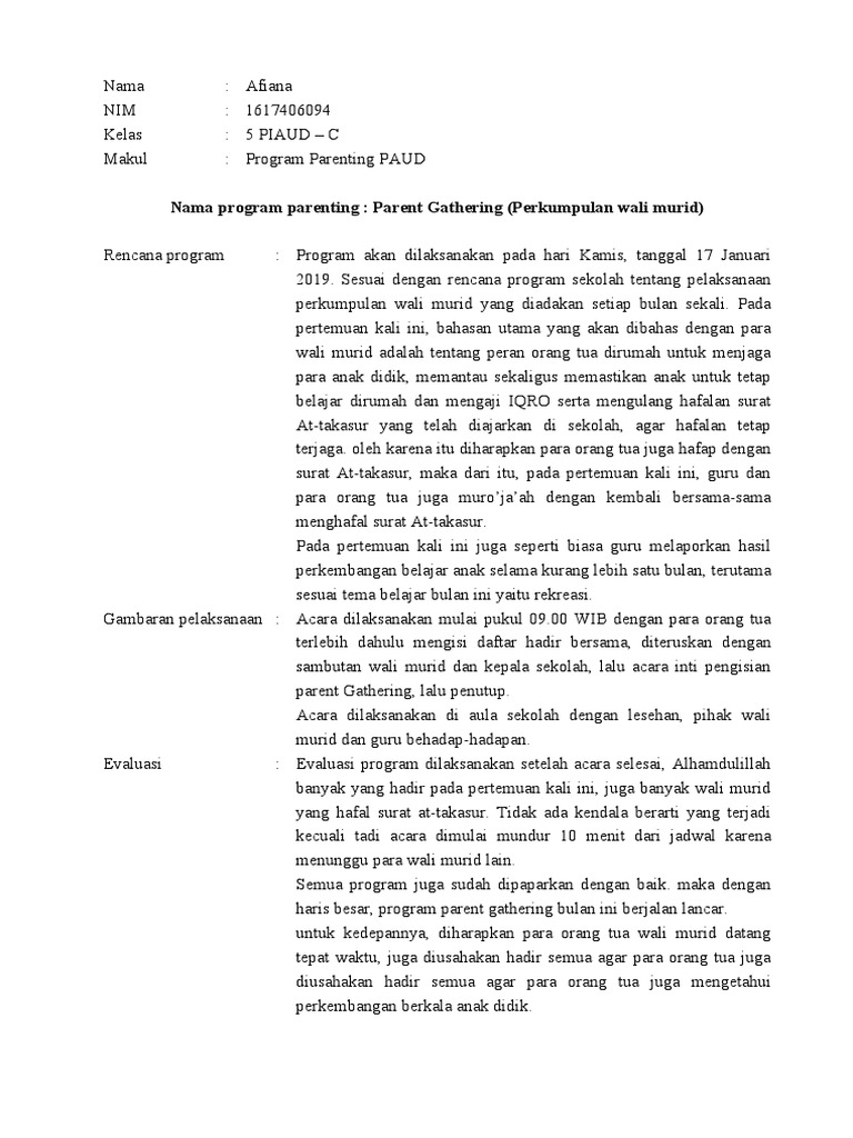 Program Parenting: Parent Gathering PAUD | PDF