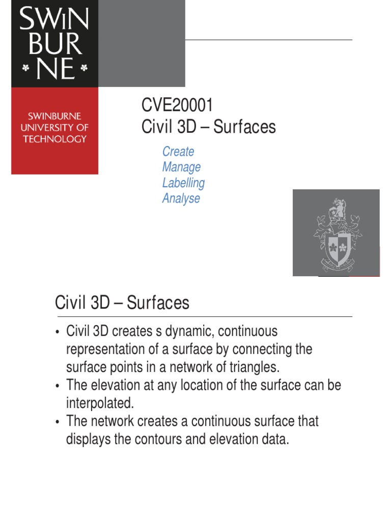 CVE20001 Civil 3D - Surfaces: Create Manage Labelling Analyse | PDF | Contour Line | Computing