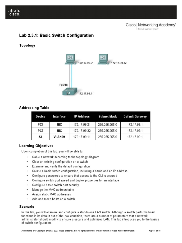 Lab 2.5.1: Basic Switch Configuration: Topology | Download Free PDF | Cisco Certifications ...