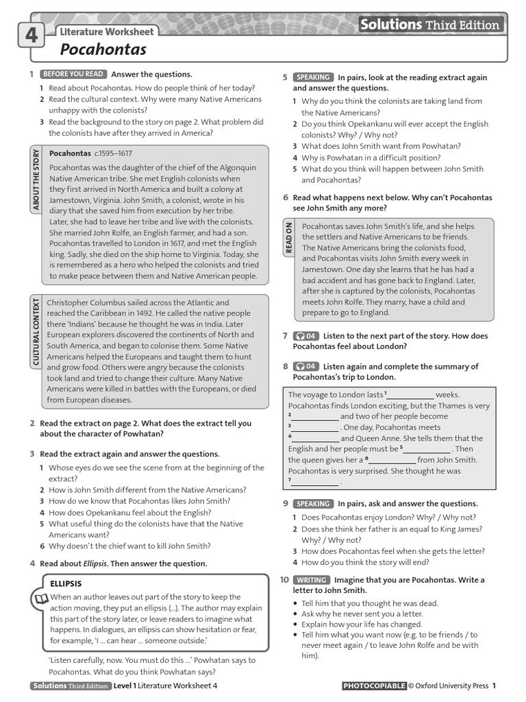Solutions 3e Level 1 Literature Worksheet 4 | PDF