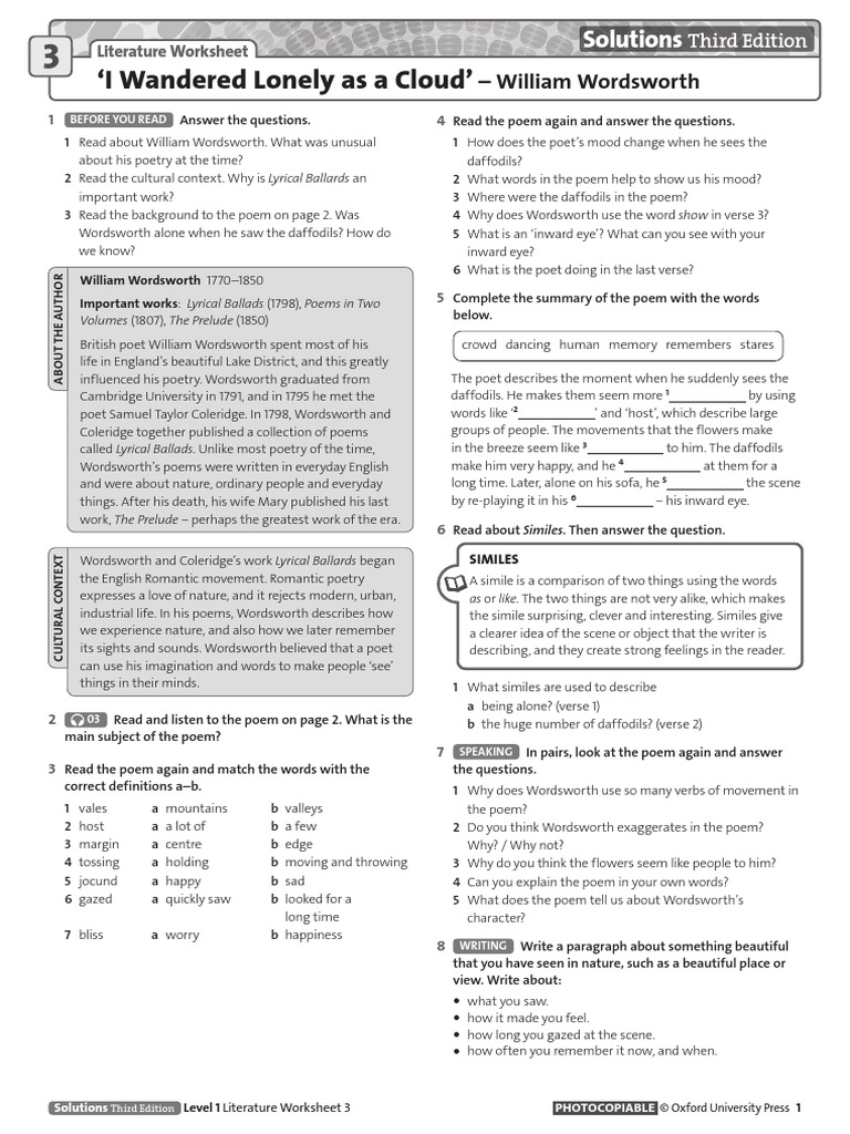 Solutions 3e Level 1 Literature Worksheet 3 | PDF | William Wordsworth ...