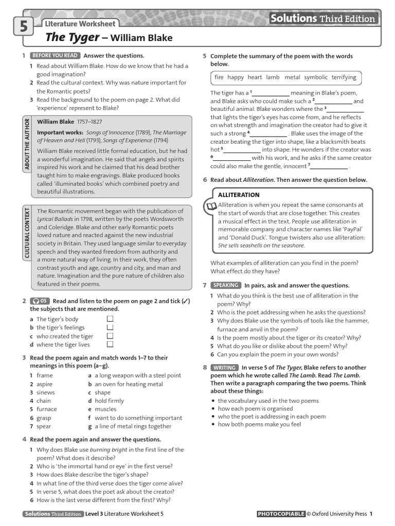 Solutions 3e Level 3 Literature Worksheet 5 2 | PDF | William Blake ...