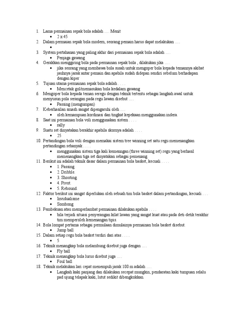 Kisi Kisi PAS Penjas X 2020 | PDF