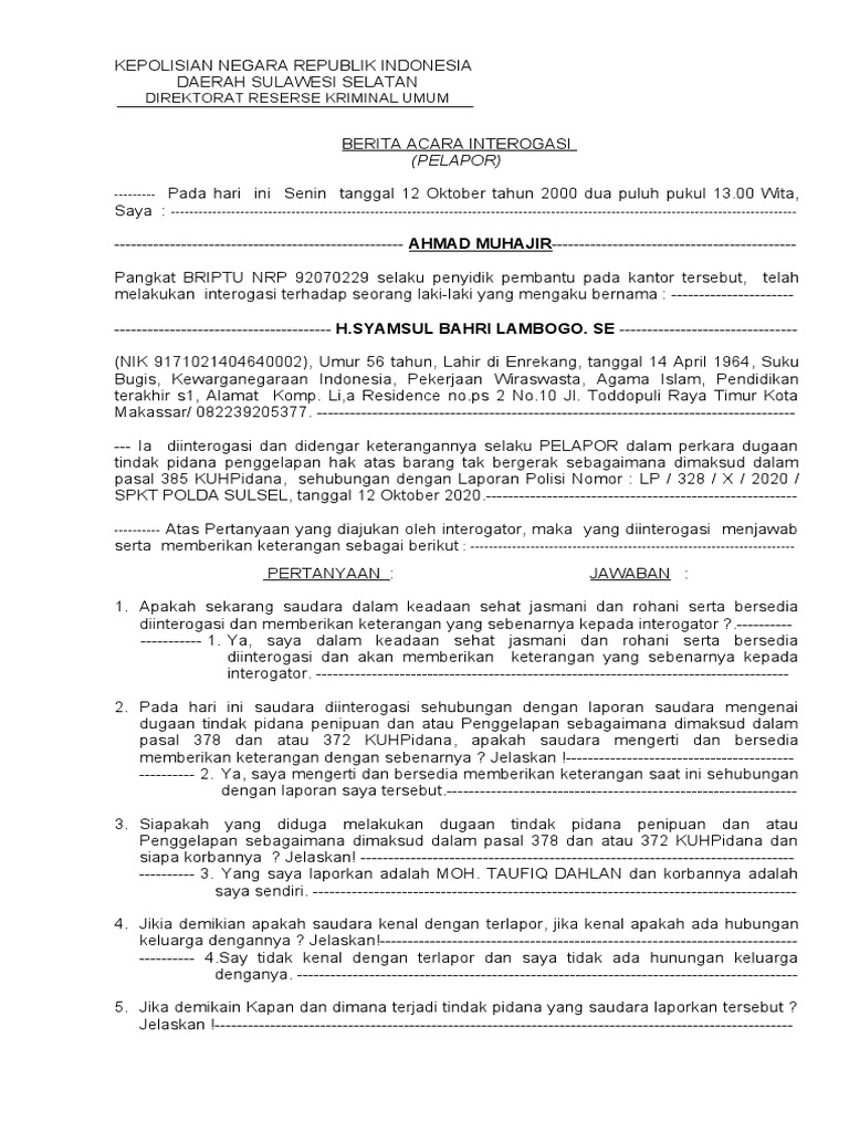 Direktorat Reserse Kriminal Umum: (Pelapor) | PDF