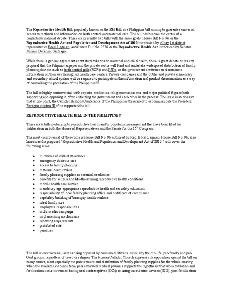 The Reproductive Health Bill | PDF | Family Planning | Birth Control