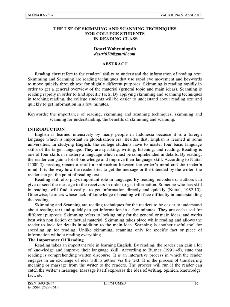 The Use of Skimming and Scanning Techniques for College Students in ...