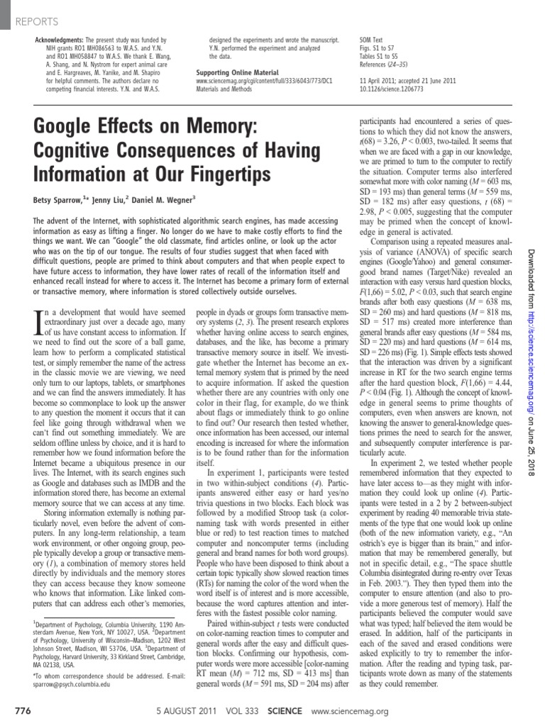SPARROW LIU e WEGNER - Google Effect On Memory | PDF | Recall (Memory ...
