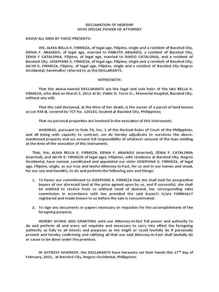 Declaration of Heirship | PDF | Power Of Attorney | Civil Law (Common Law)