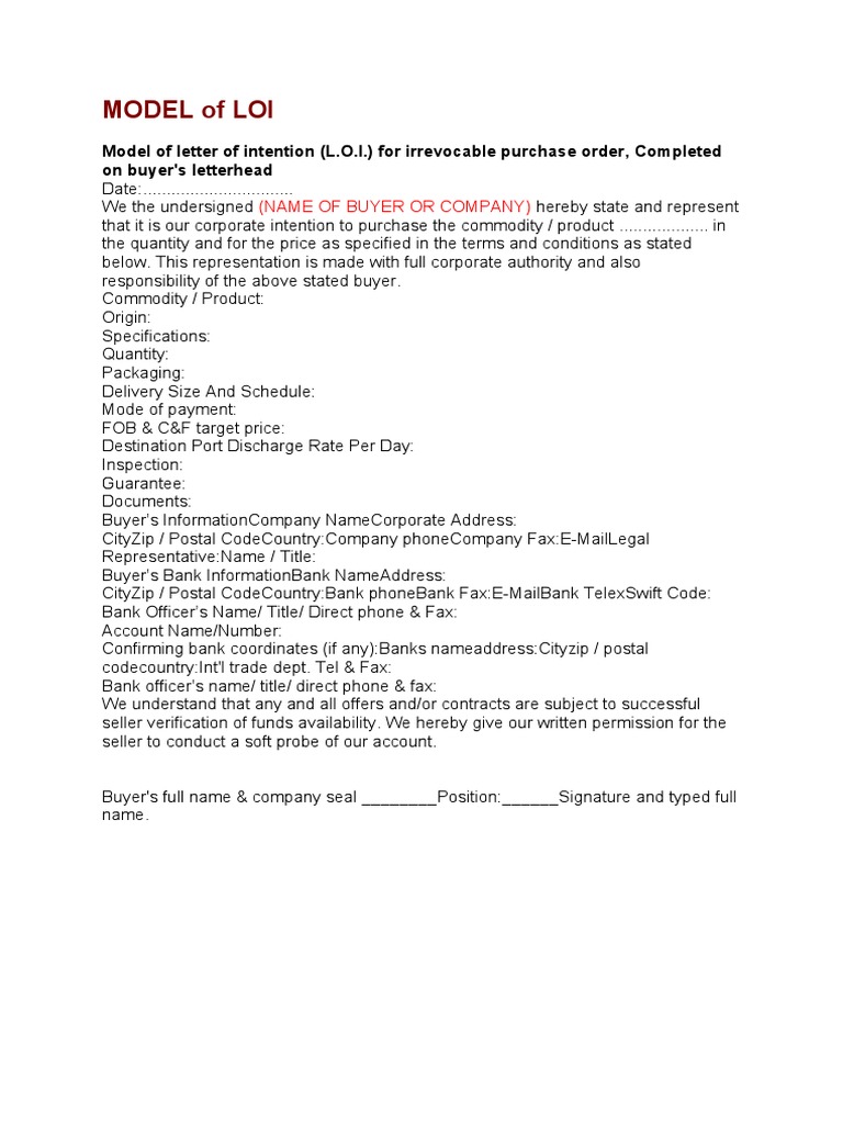 Irrevocable Purchase Order LOI Template | PDF | Business | Law