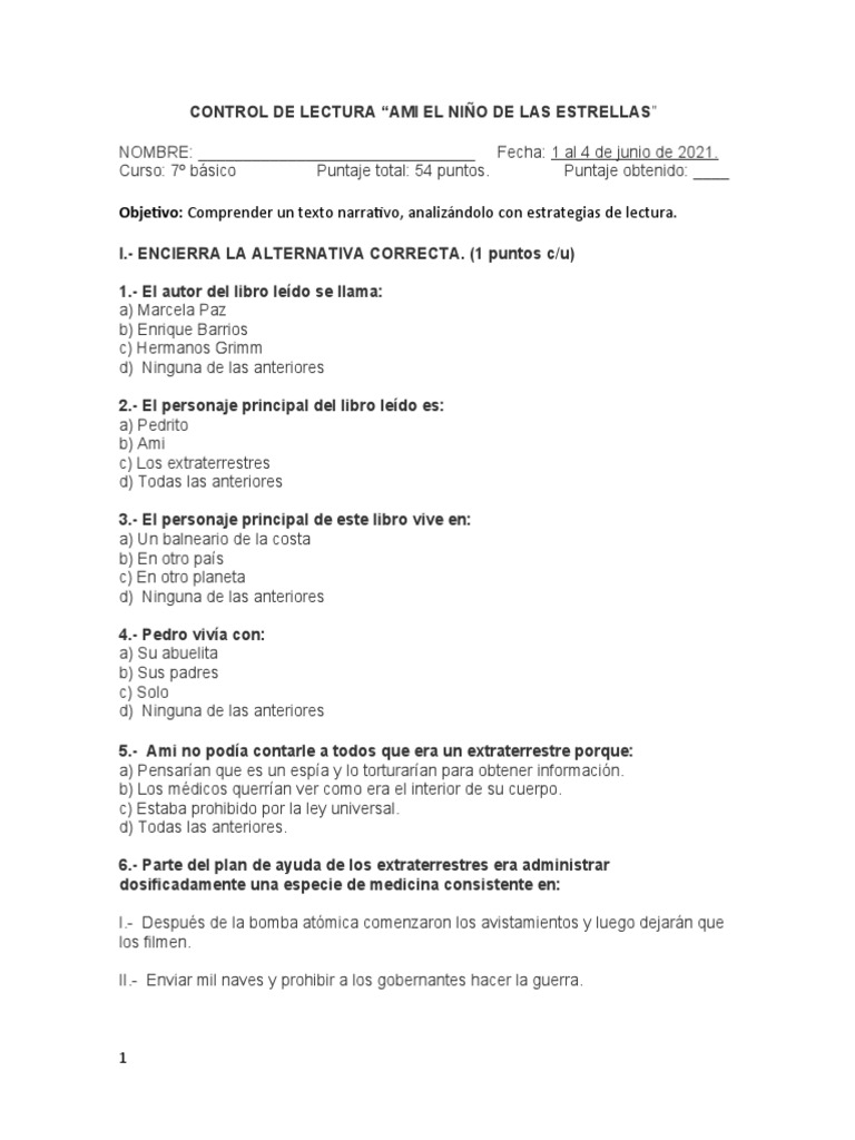 CONTROL DE LECTURA Ami El Niño de Las Estrellas | PDF
