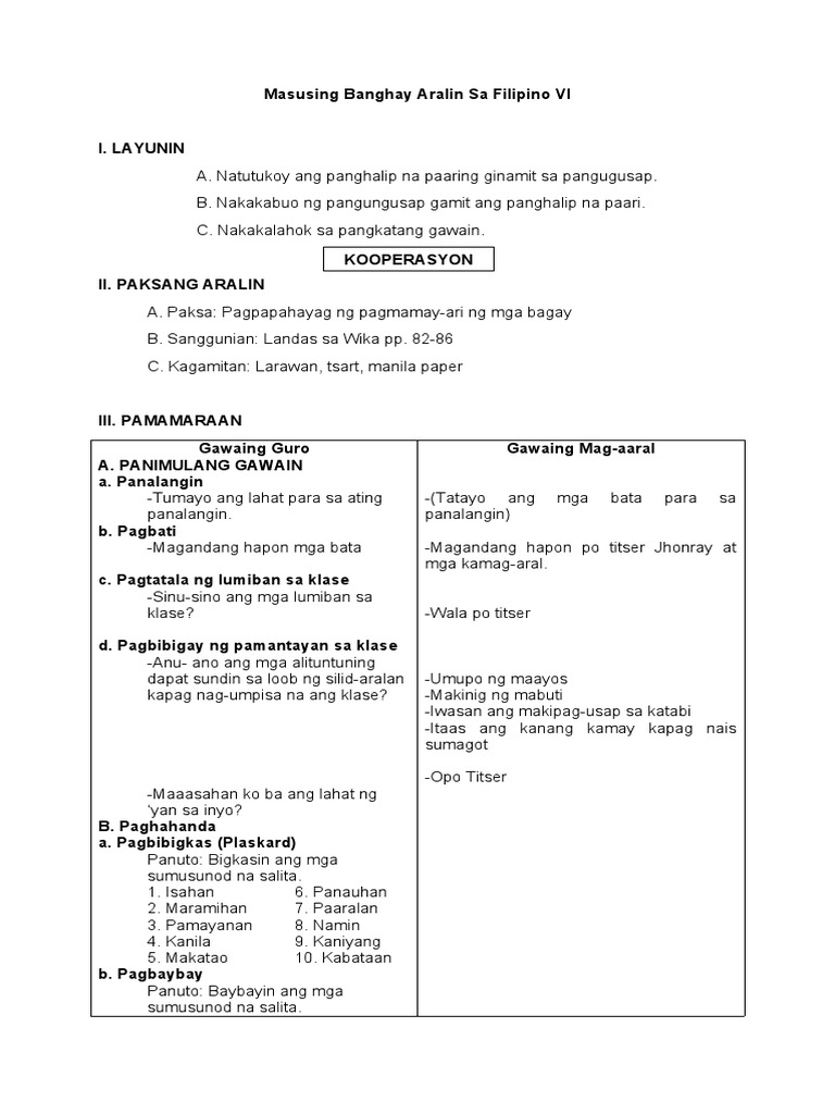 Masusing Banghay Aralin Sa Filipino VI | PDF