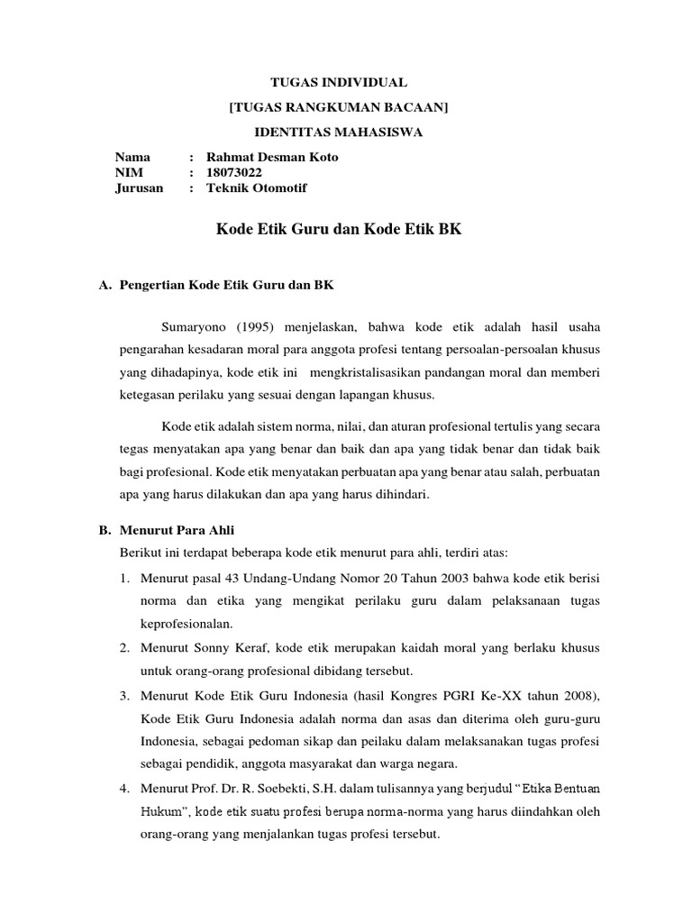 Rahmat Desman Koto - 18073022 - Kode Etik Guru Dan Kode Etik BK | PDF