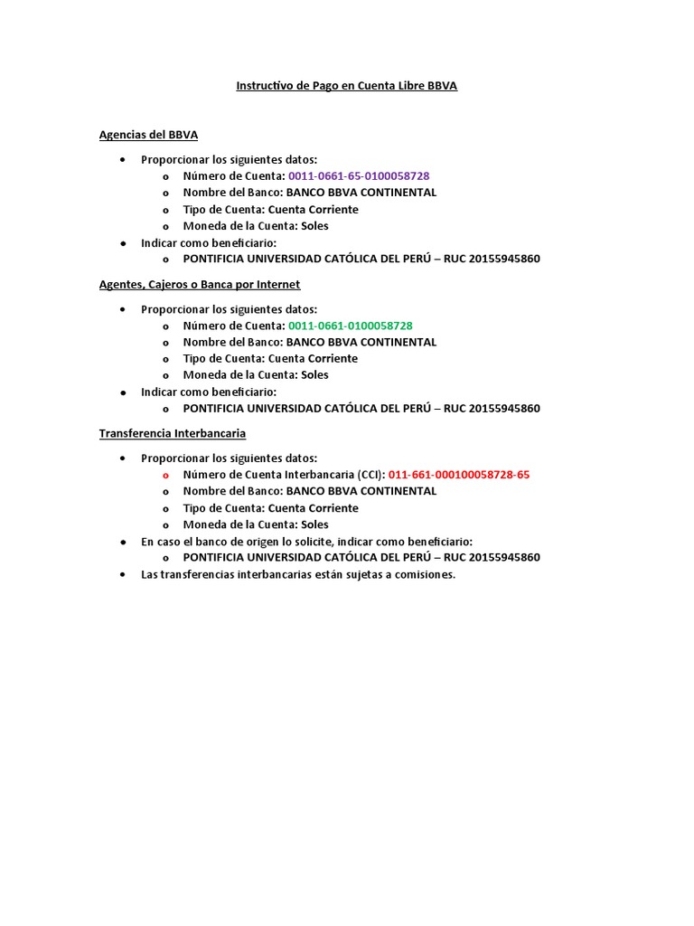 Instructivo de Pago en Cuenta Libre BBVA | PDF