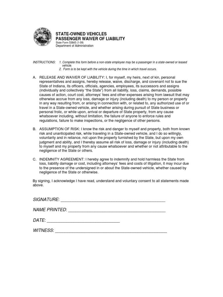 State-Owned Vehicles Passenger Waiver of Liability | Download Free PDF ...