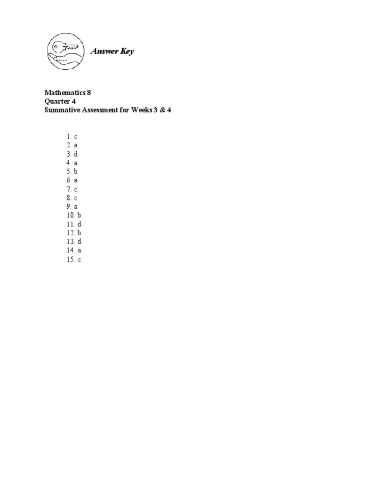 Answer Key: Mathematics 8 Quarter 4 Summative Assessment For Weeks 3 ...