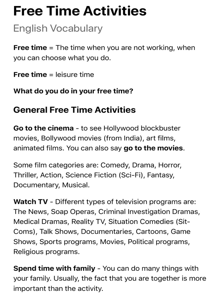 Unit 2-2 - Free Time Activities - Leisure English Vocabulary | PDF ...