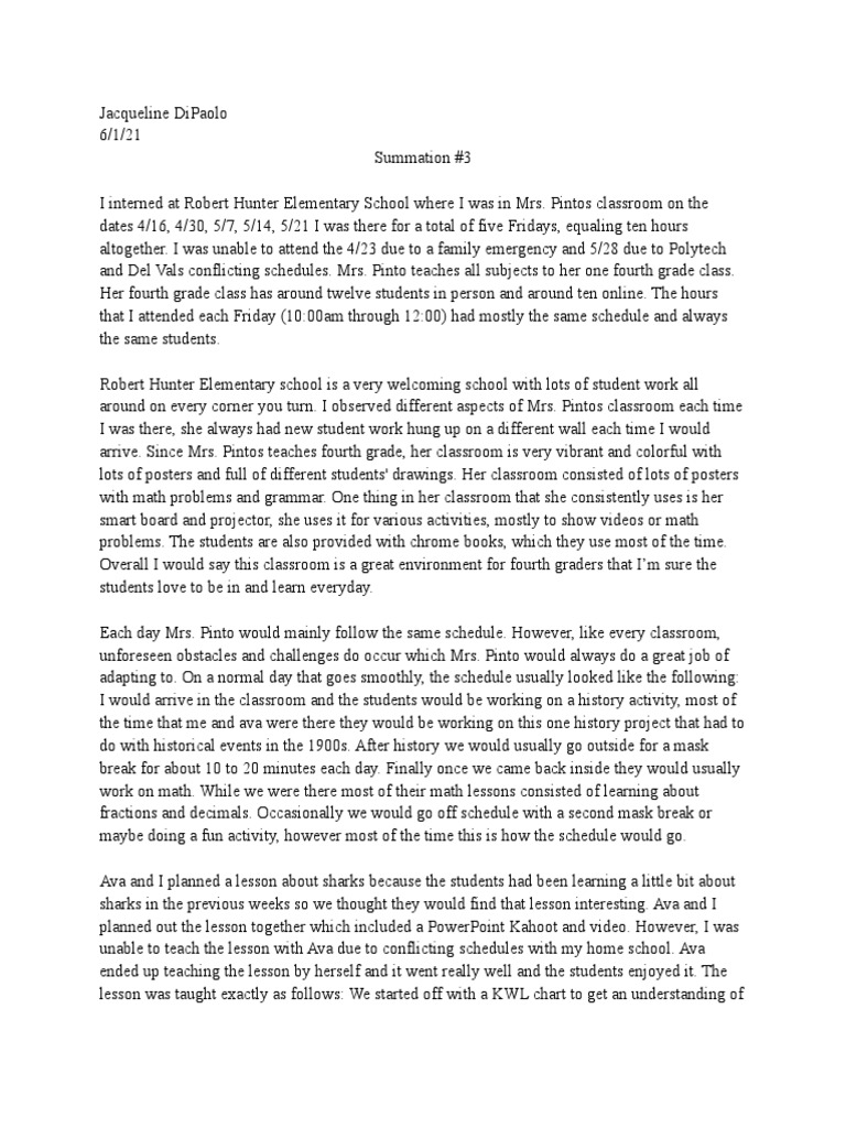 Fourth Grade Internship Experience Summary | PDF | Pedagogy | Communication