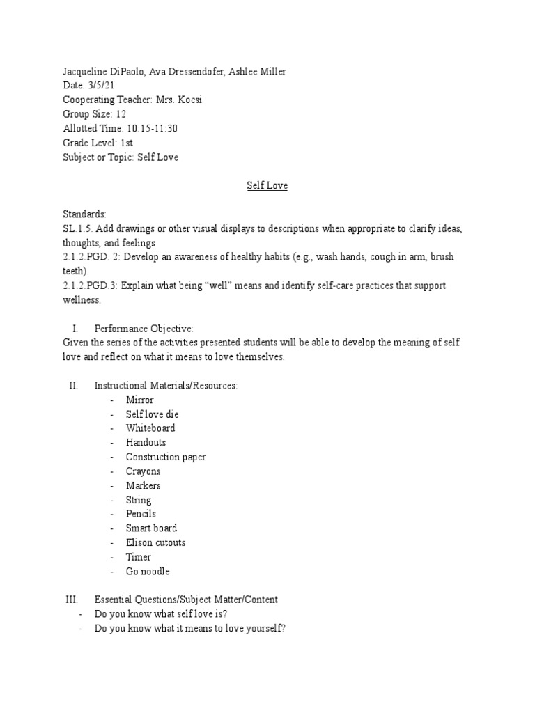Self Love Lesson Plan | PDF | Lesson Plan | Human Nature