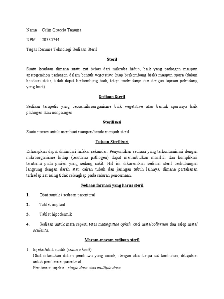 Tugas Resume Tek. Sediaan Steril | PDF