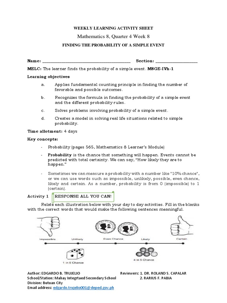 Mathematics 8, Quarter 4 Week 8: Activity 1 Response All You Can! | PDF ...