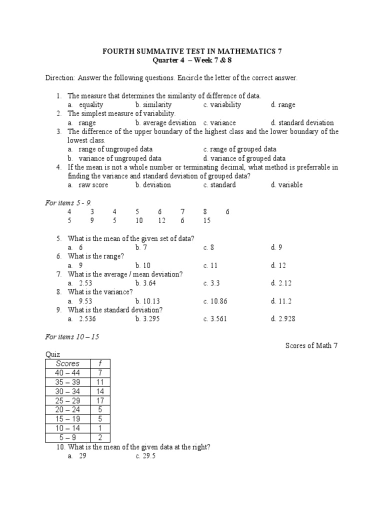 Math 7 Fourth Summative Test Guide | PDF | Variance | Standard Deviation