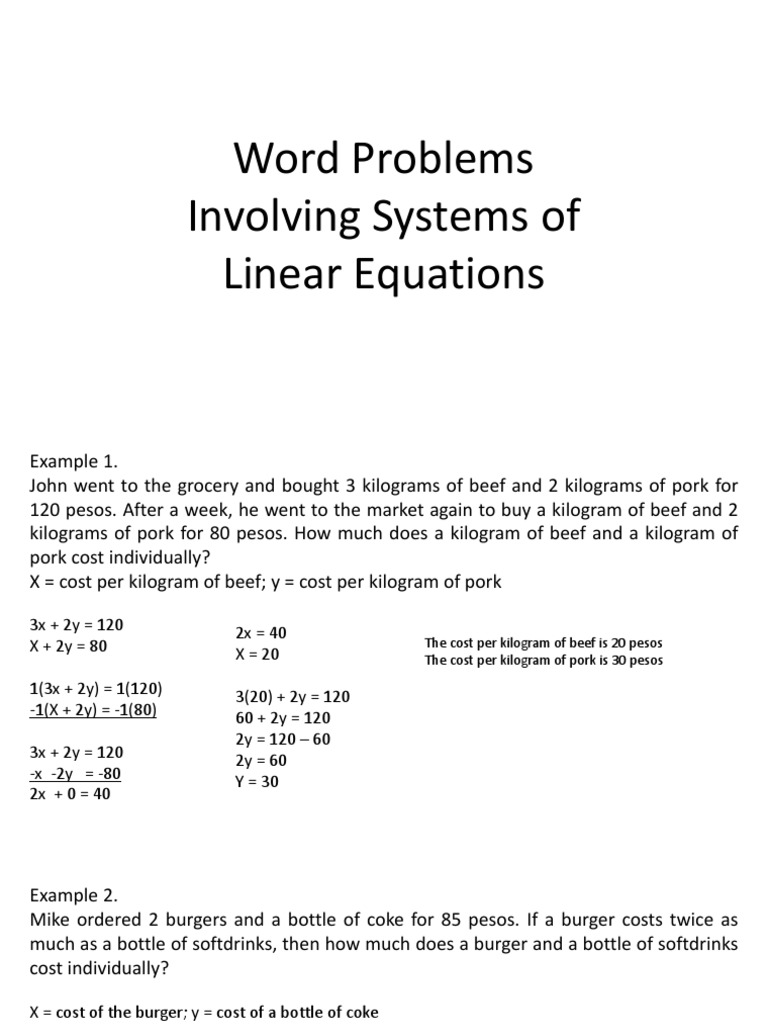Word Problem System of Linear Equations | PDF | Foods | Business