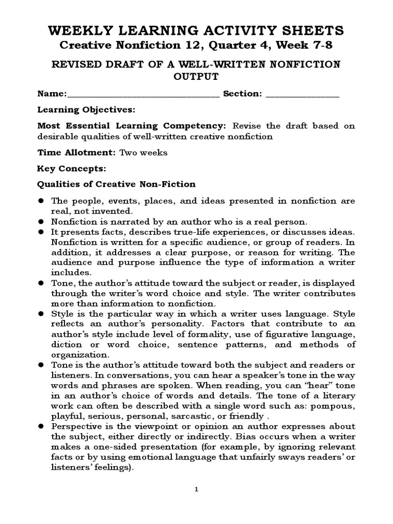 Weekly Learning Activity Sheets: Creative Nonfiction 12, Quarter 4 ...