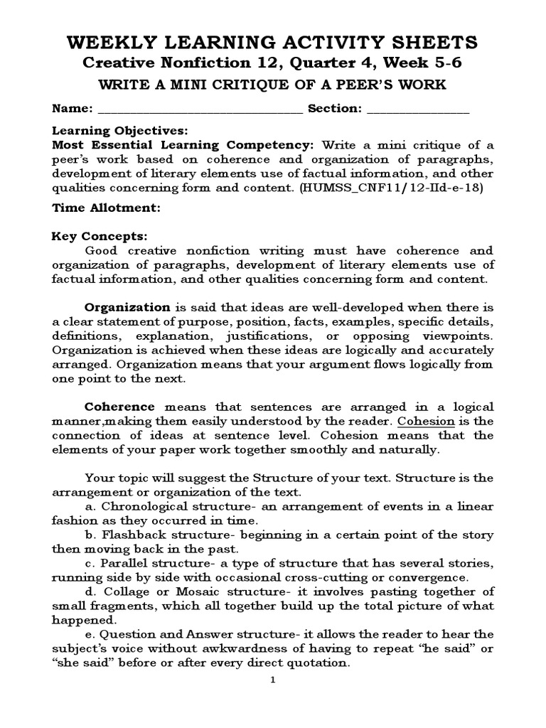 Weekly Learning Activity Sheets: Creative Nonfiction 12, Quarter 4, Week 5-6 | PDF | Criticism ...