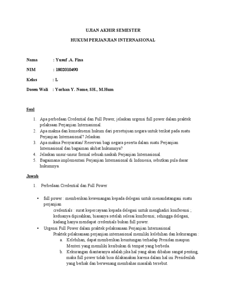 Uas Hukum Perjanjian Internasional1 | PDF