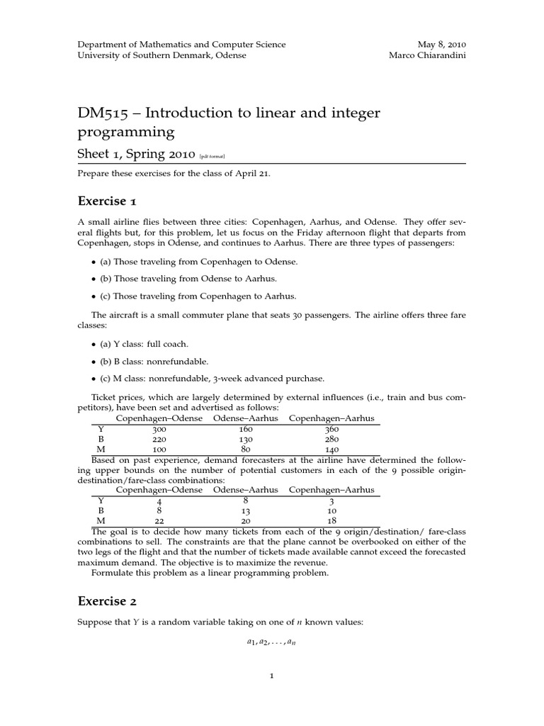 DM515 - Introduction To Linear and Integer Programming: Sheet 1, Spring 2010 | PDF | Linear ...