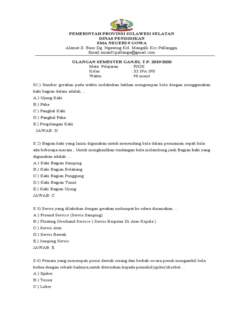 Soal Pjok SMT Ganjil KLS Xi 2020 | PDF