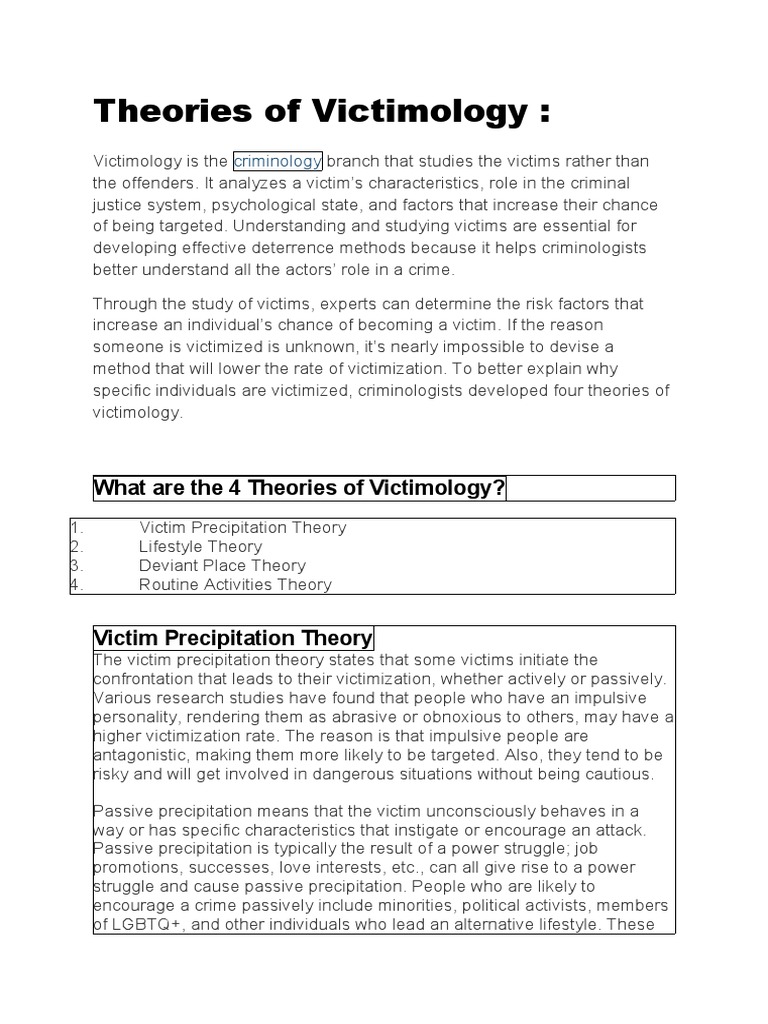 What Are The 4 Theories of Victimology? | PDF | Criminology | Victimology