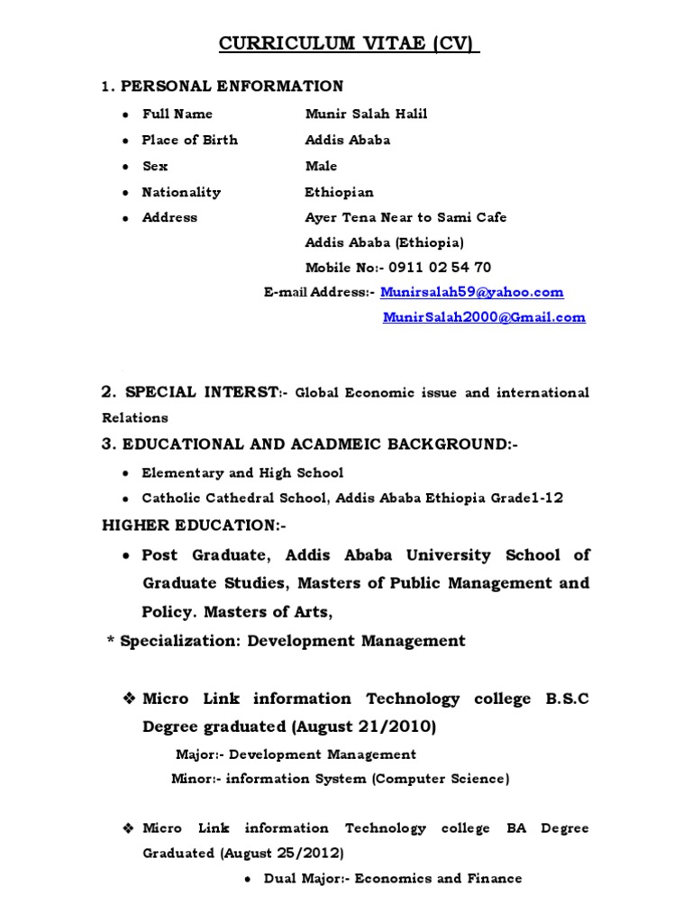 Curriculum Vitae (CV) : Full Name Place of Birth Sex Nationality ...