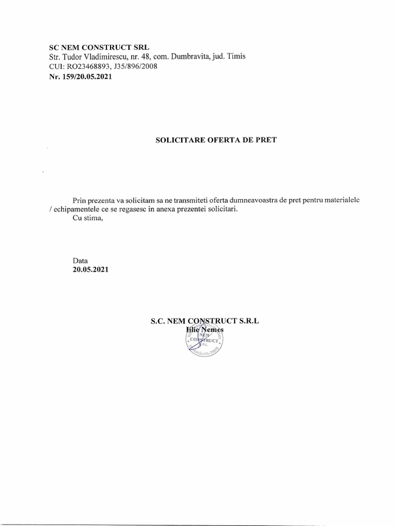 Solicitare Oferta de Pret