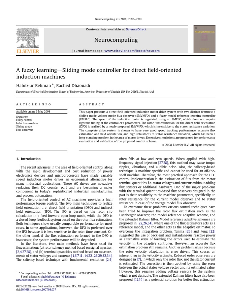 A Fuzzy Learning-Sliding Mode Controller For Direct Field-Oriented Induction Machines | PDF ...