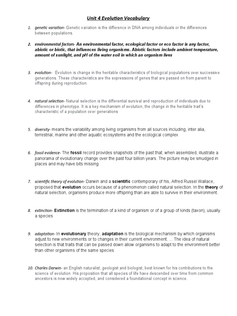 Unit 4 Evolution Vocabulary | PDF | Natural Selection | Evolution