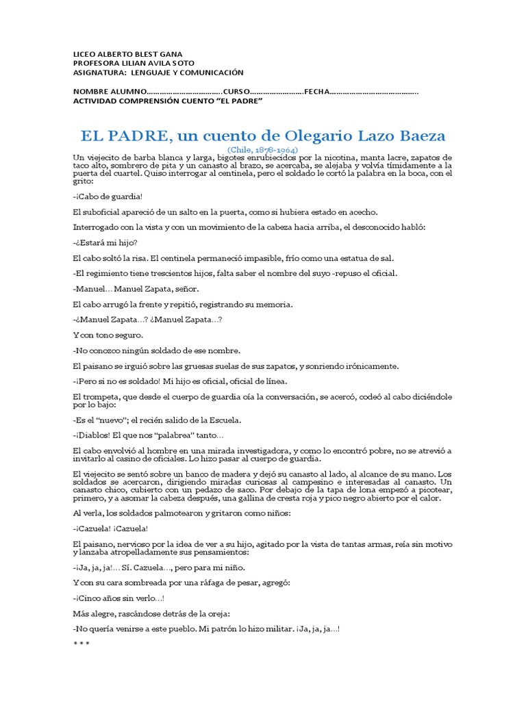Actividad Comprensión Cuento El Padre Con Desarrollo | PDF | Sustantivo ...
