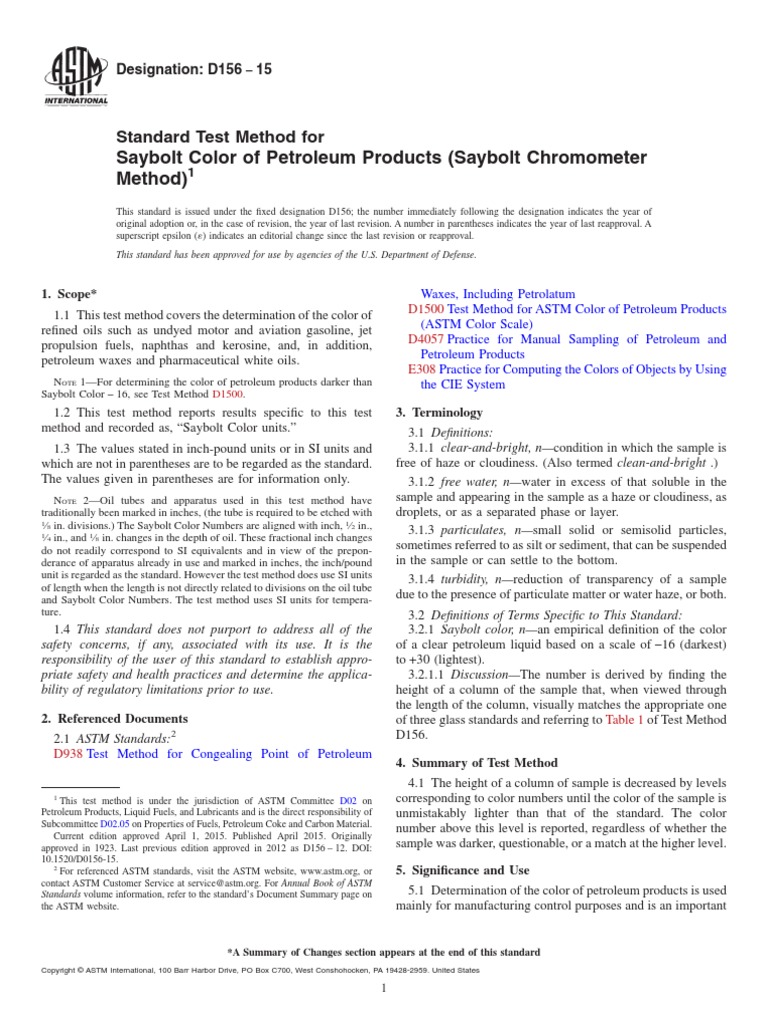 Saybolt Color of Petroleum Products (Saybolt Chromometer Method) | PDF ...