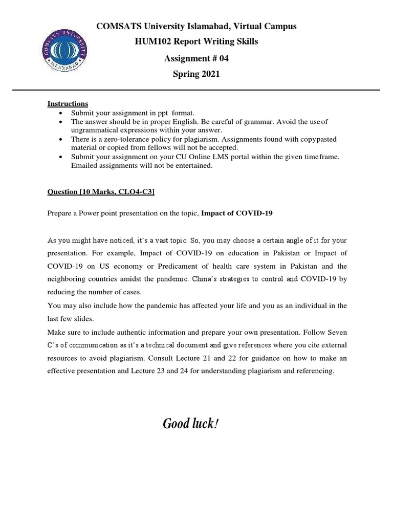 Good Luck!: COMSATS University Islamabad, Virtual Campus HUM102 Report ...