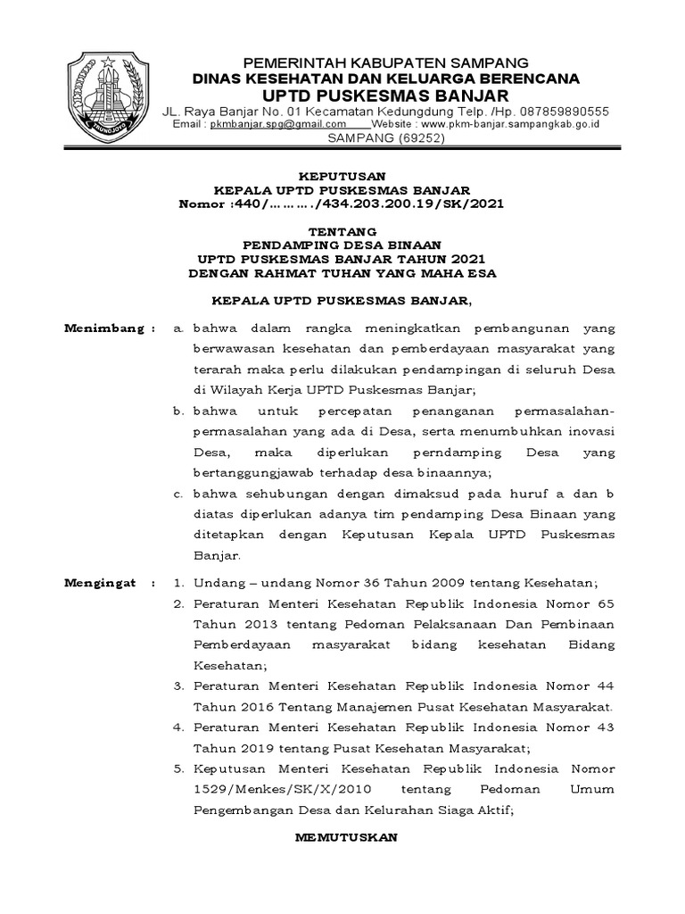 SK Pendamping Desa Puskesmas Banjar | PDF