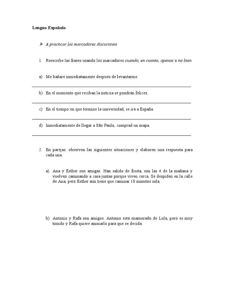 Ejercicios de Marcadores Discursivos | PDF | Artes del Lenguaje y ...