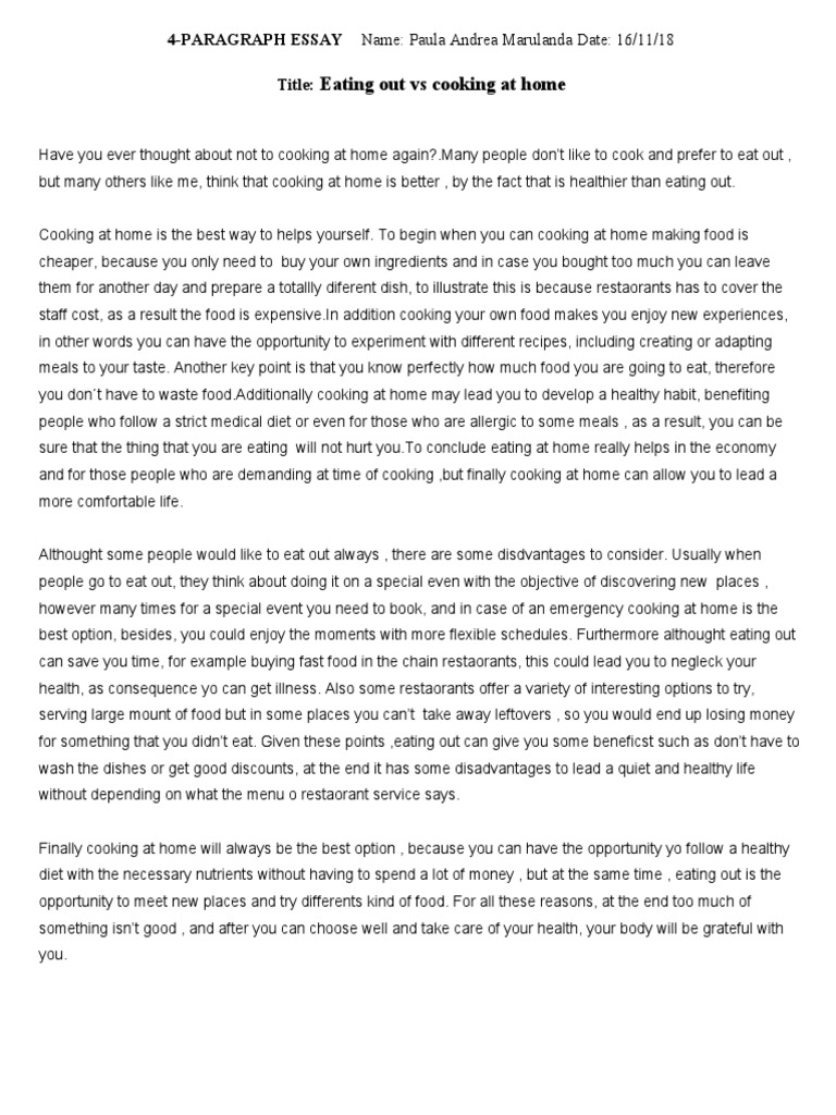 Eating Out Vs Cooking at Home: 4-Paragraph Essay Title | PDF ...