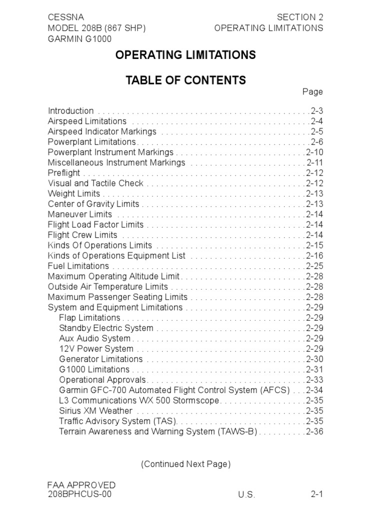 Operating Limitations for a Cessna 208B Single Engine Turboprop ...