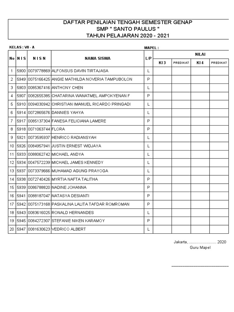 Form Daftar Nilai-1 | PDF