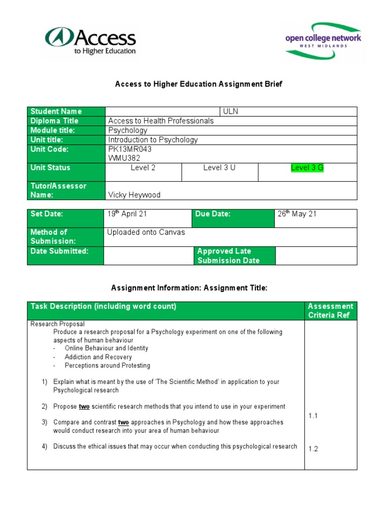 Introduction To Psychology Assignment Brief | PDF | Psychology ...