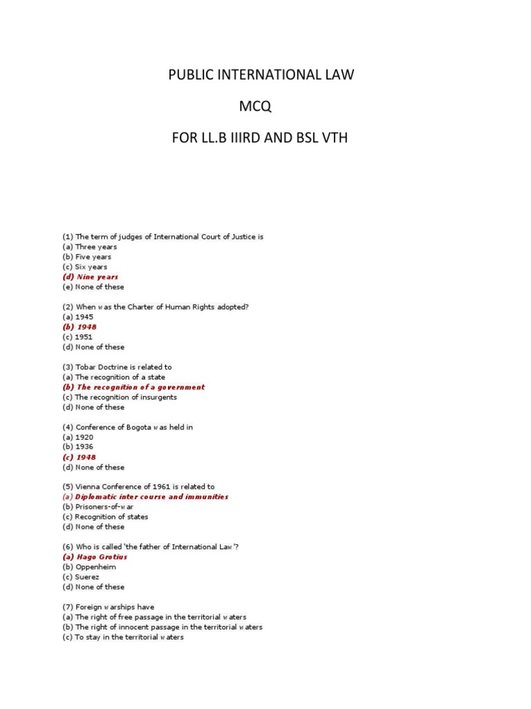 Public International Law MCQs for LL.B Students | PDF | International ...