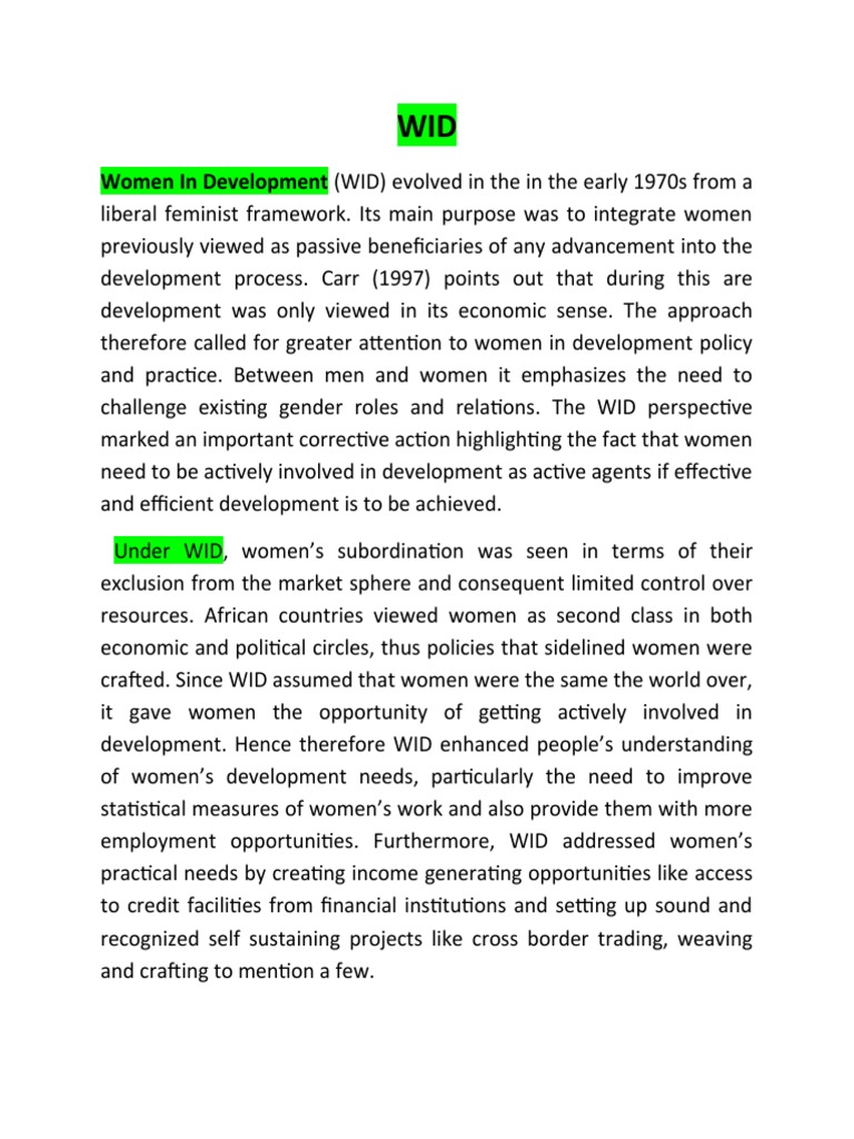 Women in Development (WID) Evolved in The in The Early 1970s From A | PDF